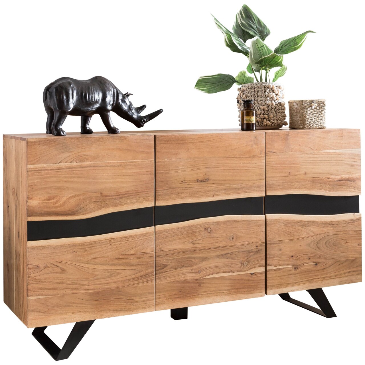 Sideboard 148 x 85 x 43 cm Massiv-Holz Akazie Natur Baumkante Anricht